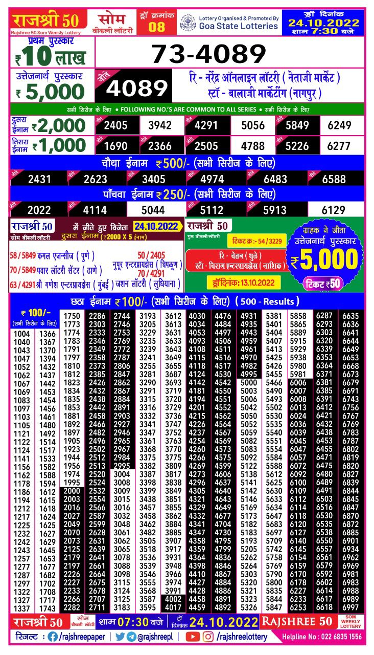 {07:30 PM}Goa Rajshree 50 Weekly Lottery Results-2022|Today Rs.10 Lakhs ...