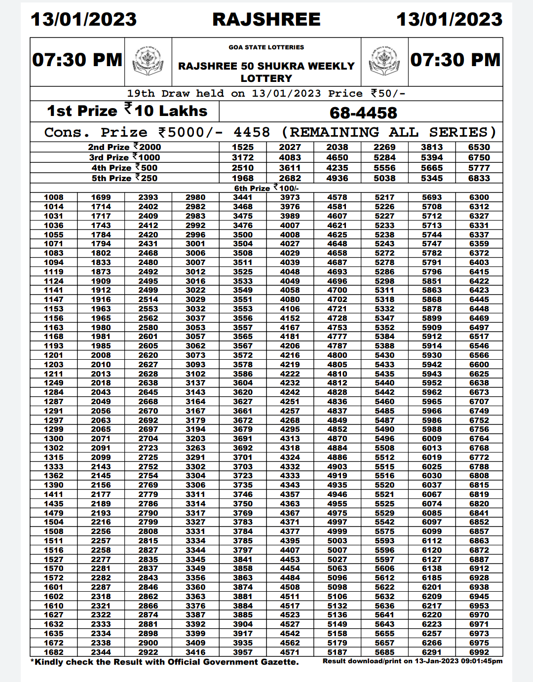 {07:30 PM}Goa Rajshree 50 Weekly Lottery Results-2023|Today Rs.10 Lakhs ...