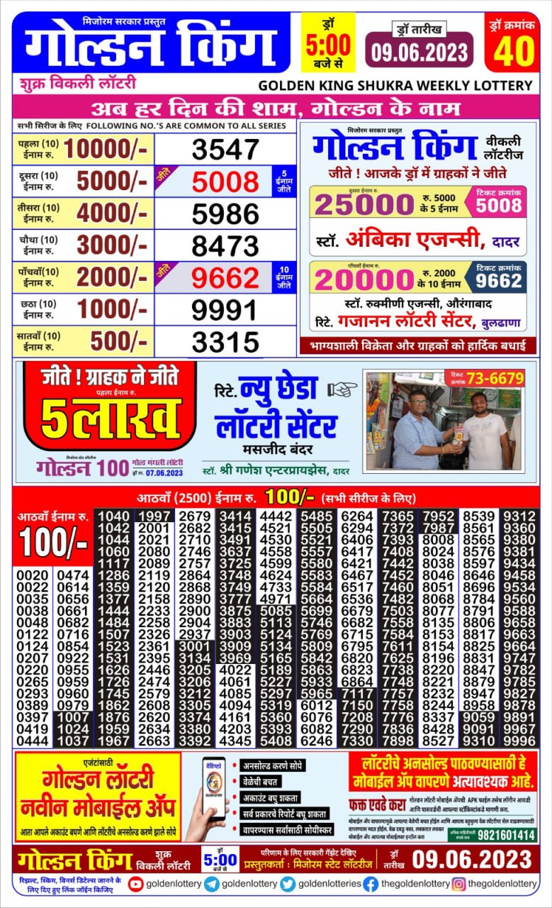 Mizoram Golden King Weekly Lottery Results 2023 (5:00 PM)| Golden King ...