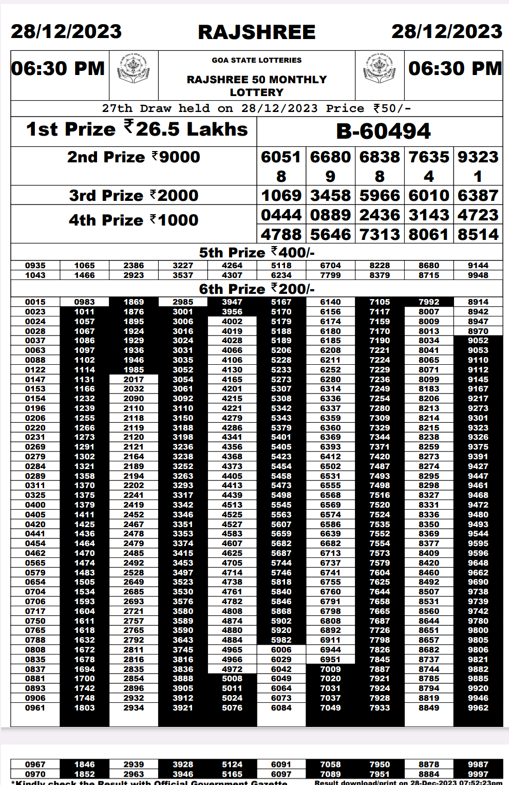 Rajshree 50 Monthly Lottery Result 27-06-2024 @6.30pm| राजश्री 50 मासिक ...