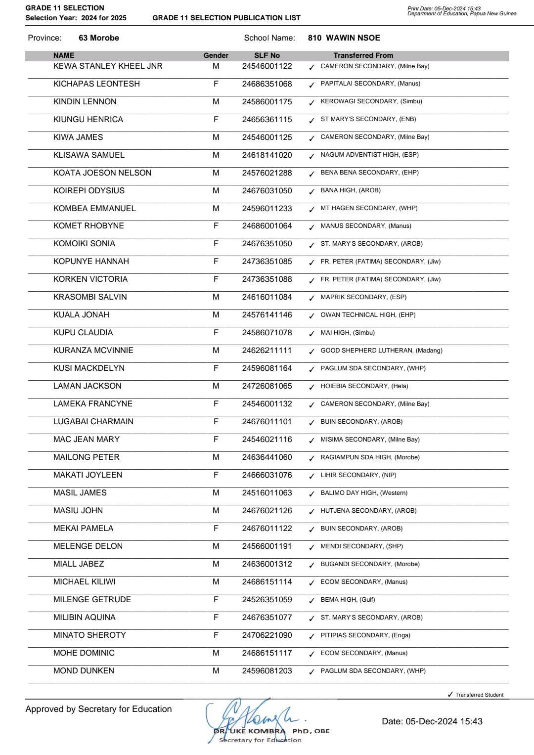 Grade 11 Selection List For 2025 PNG (OUT) National High School ...