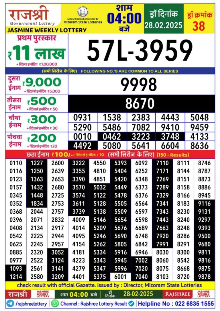 Rajshree & Rajshree 10 Evening Weekly Lottery Results 2025-LIVE @4.00 ...