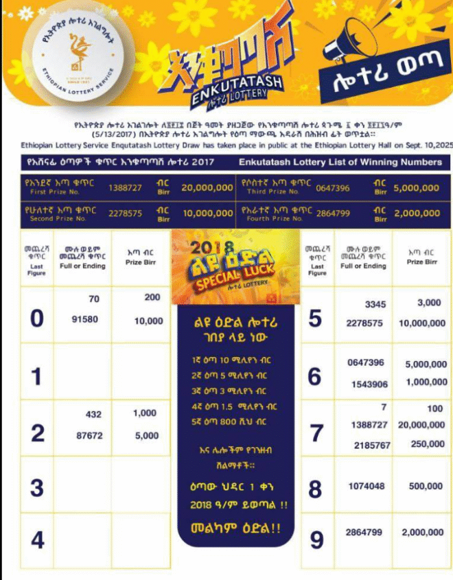 OUT-Enkutatash Lottery Results 13/05/2017 ጳጉሜን 5, 2017| እንቁጣጣሽ ሎተሪ 2017 ...