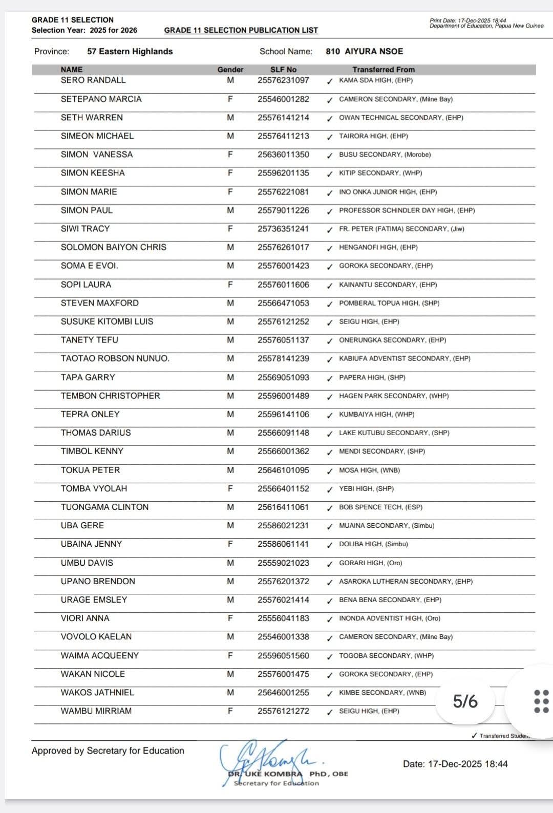 Grade 11 Selection List For 2026 PNG (Links-OUT) National High School ...