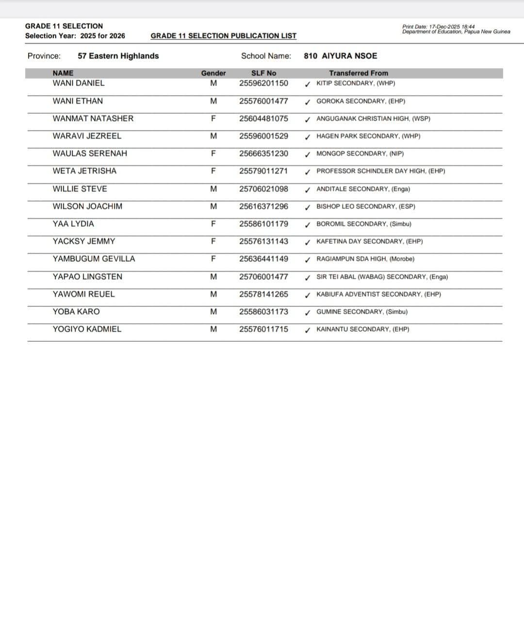 Released-2026 Grade 11 Selection List For Passam, AIYURA Wawin Port ...