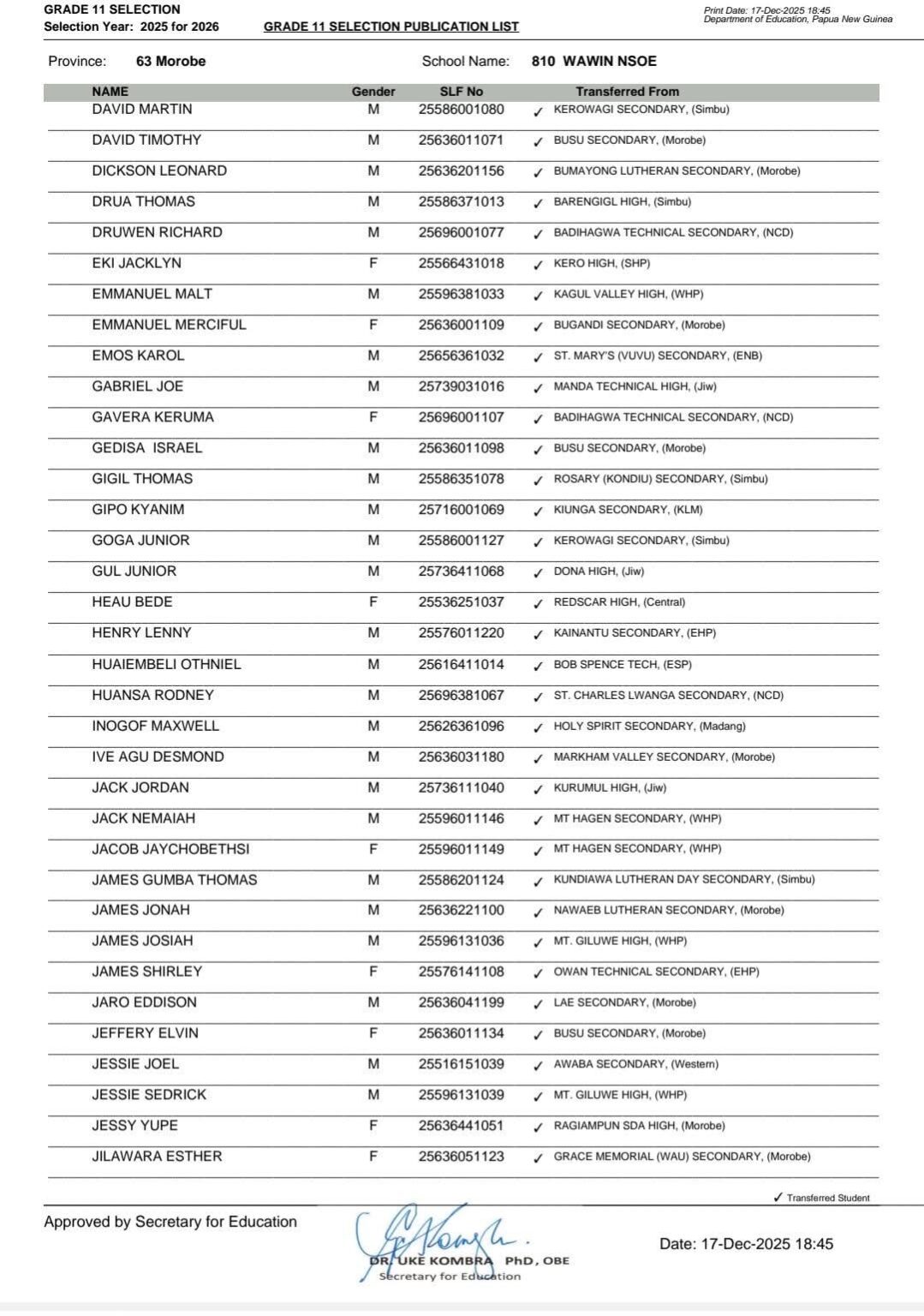 Grade 11 Selection List For 2026 PNG (Links-OUT) National High School ...