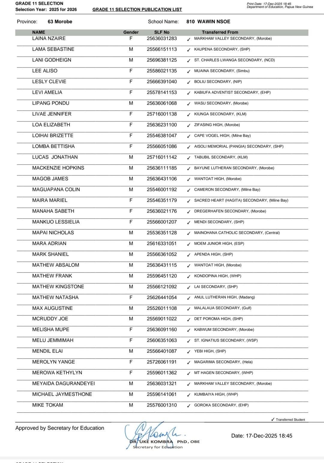 {PDF-OUT}PNG Grade 11 Selection List 2025 For 2026 Southern /Highlands ...