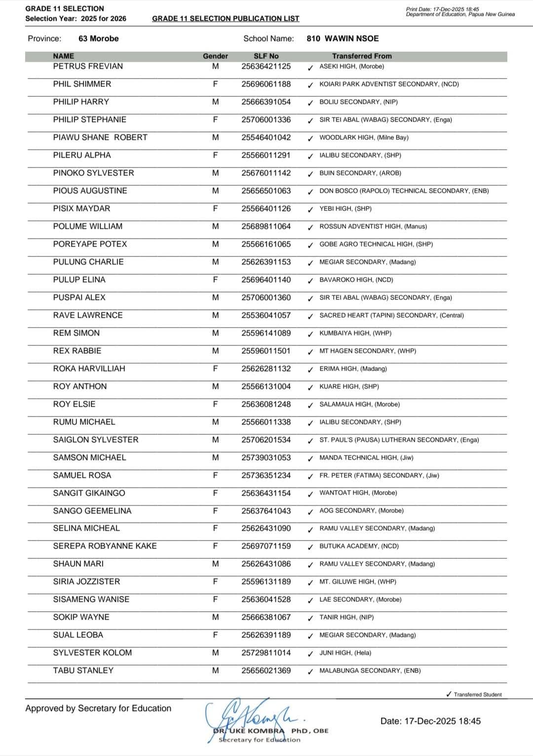 Released-2026 Grade 11 Selection List For Passam, AIYURA Wawin Port ...