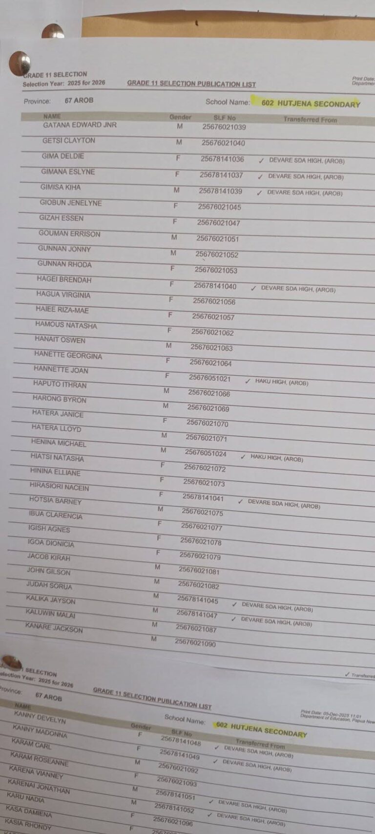 2026 Grade 11 Selection publication list for Hutjena Secondary School