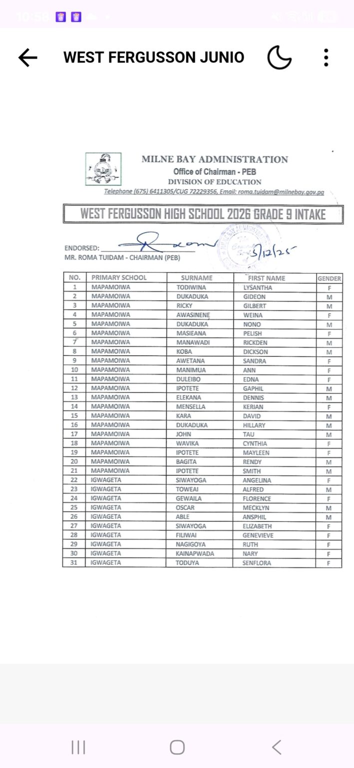 Grade 8 Selection List for 2026 PNG Grade 8 Results for Grade 9 Pdf ...