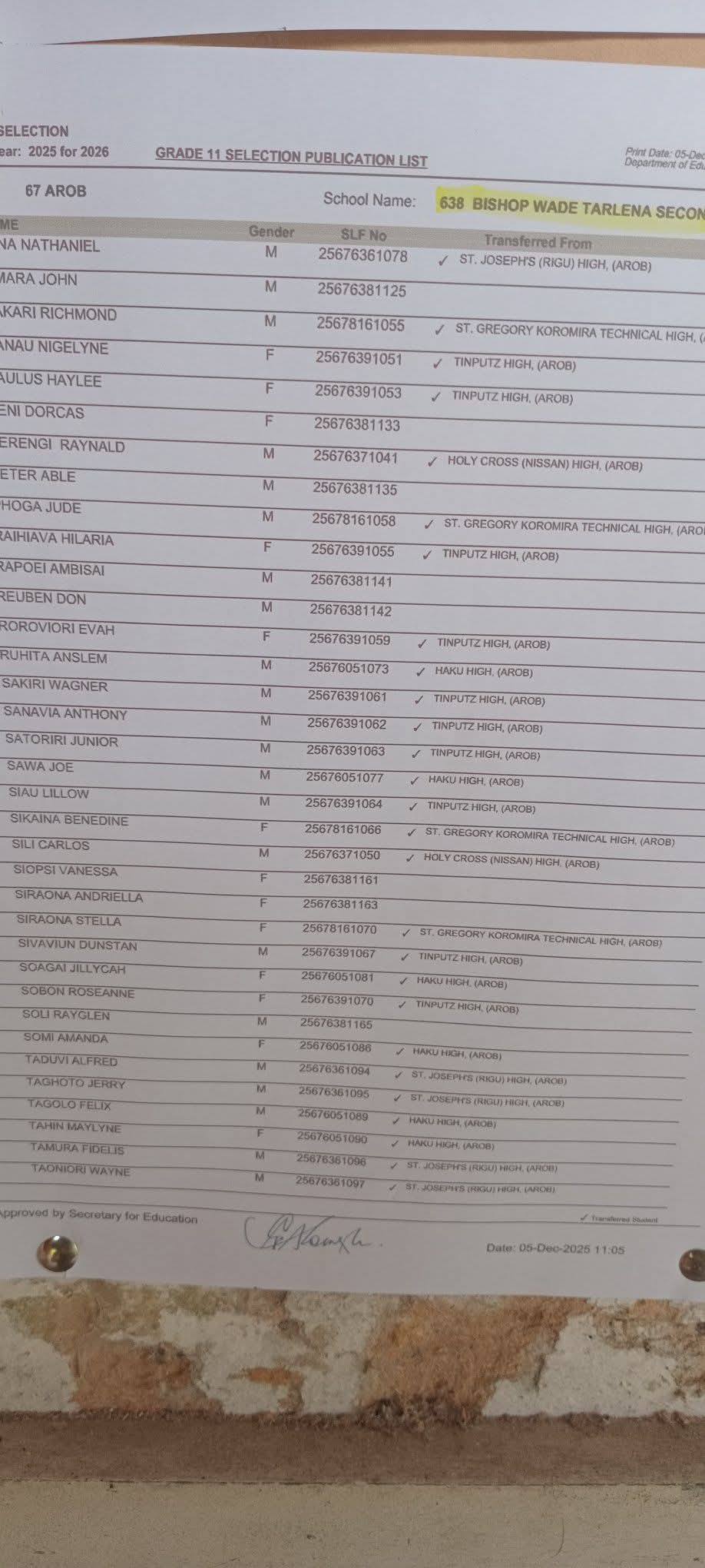Grade 11 Selection List For 2026 PNG (OUT) National High School ...