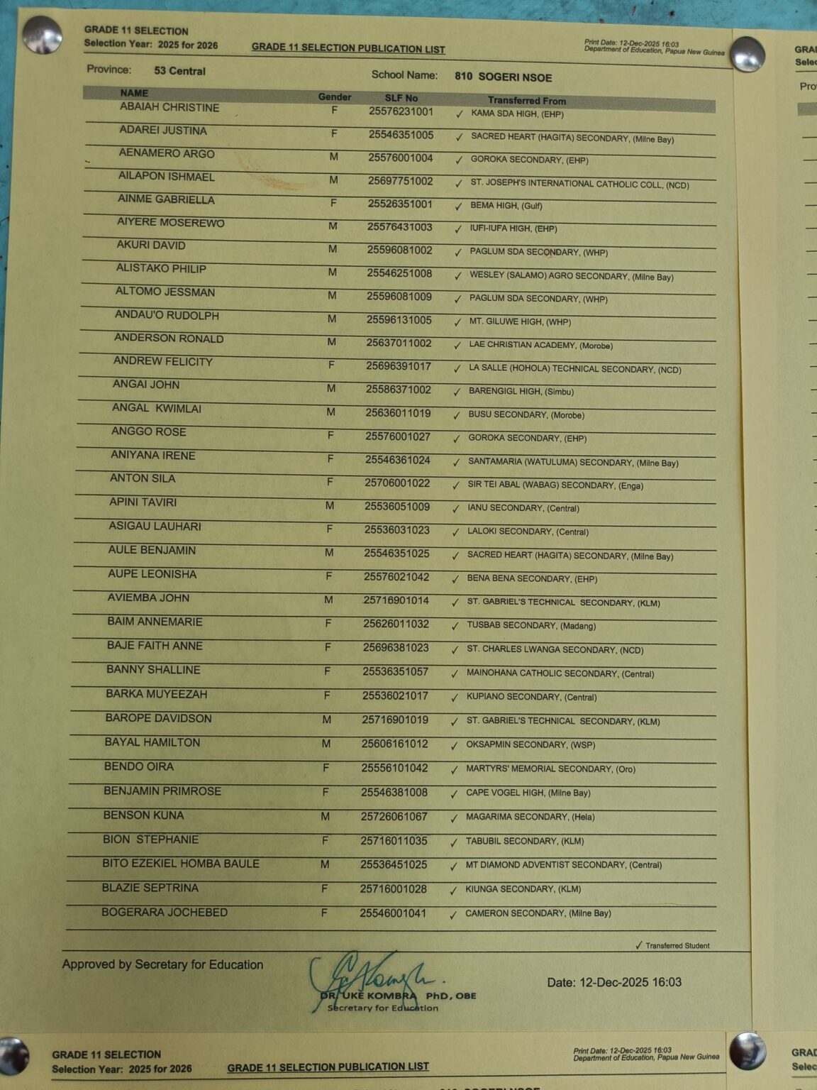 www.education.gov.pg Selection List 2026 Grade 11 Eastern Highlands ...