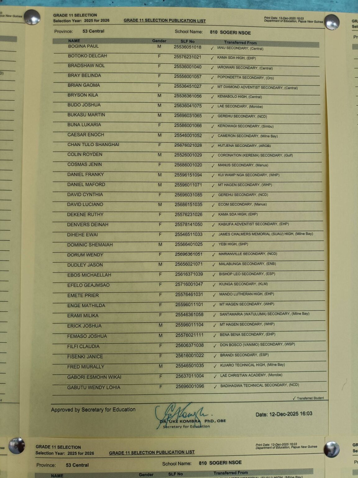 Grade 11 Selection List For 2026 PNG (Links-OUT) National High School ...