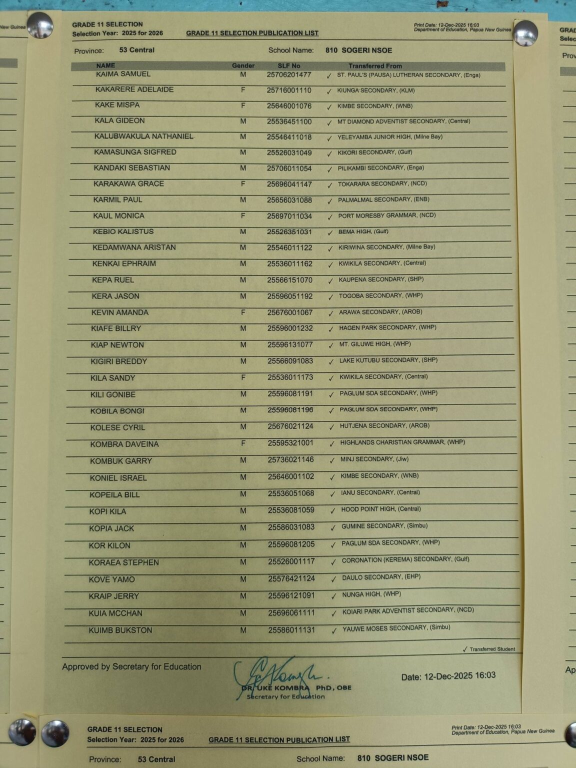 Grade 11 Selection List For 2026 PNG (Links-OUT) National High School ...