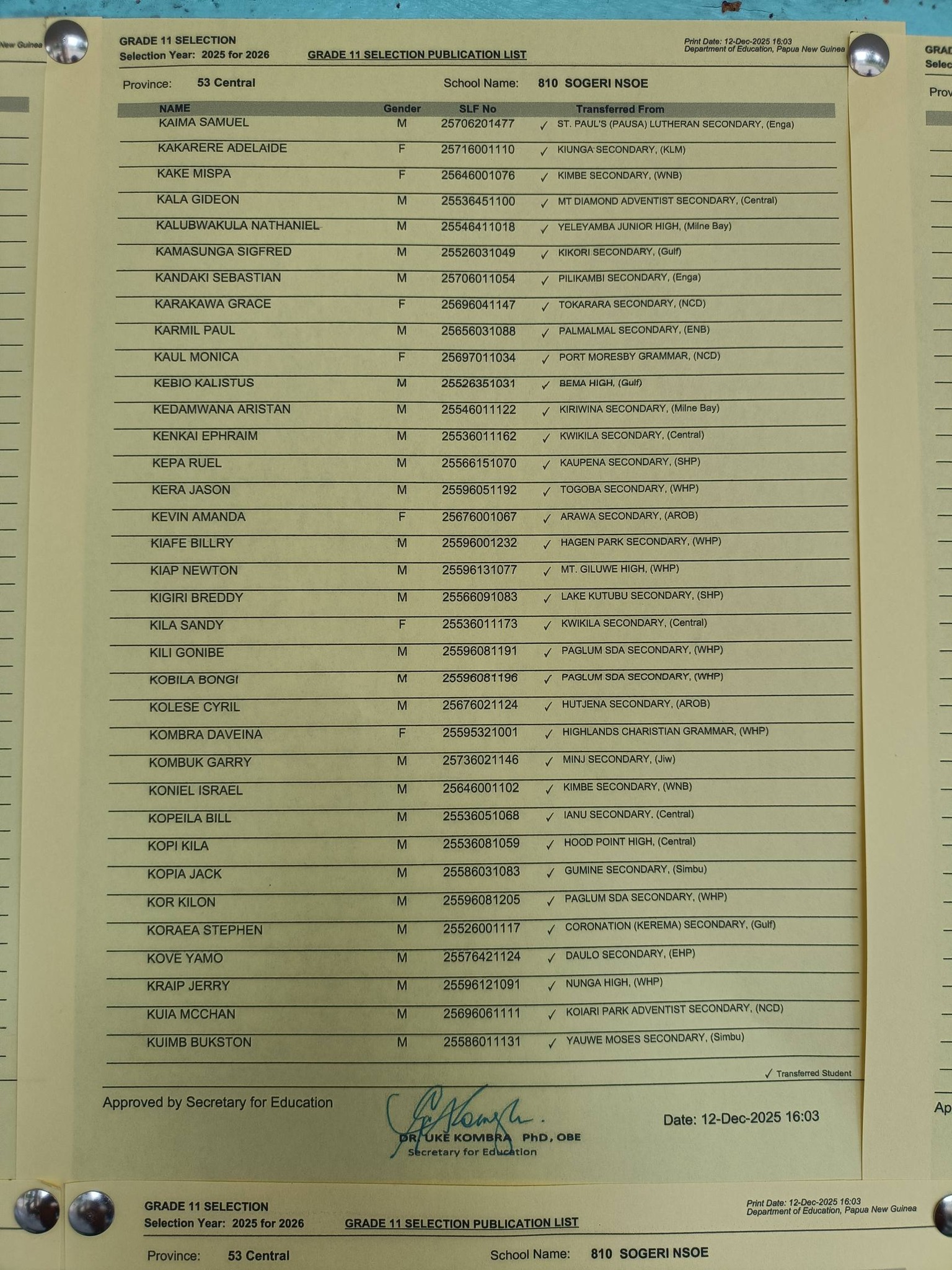 Grade 11 Selection List For 2026 PNG (Links-OUT) National High School ...