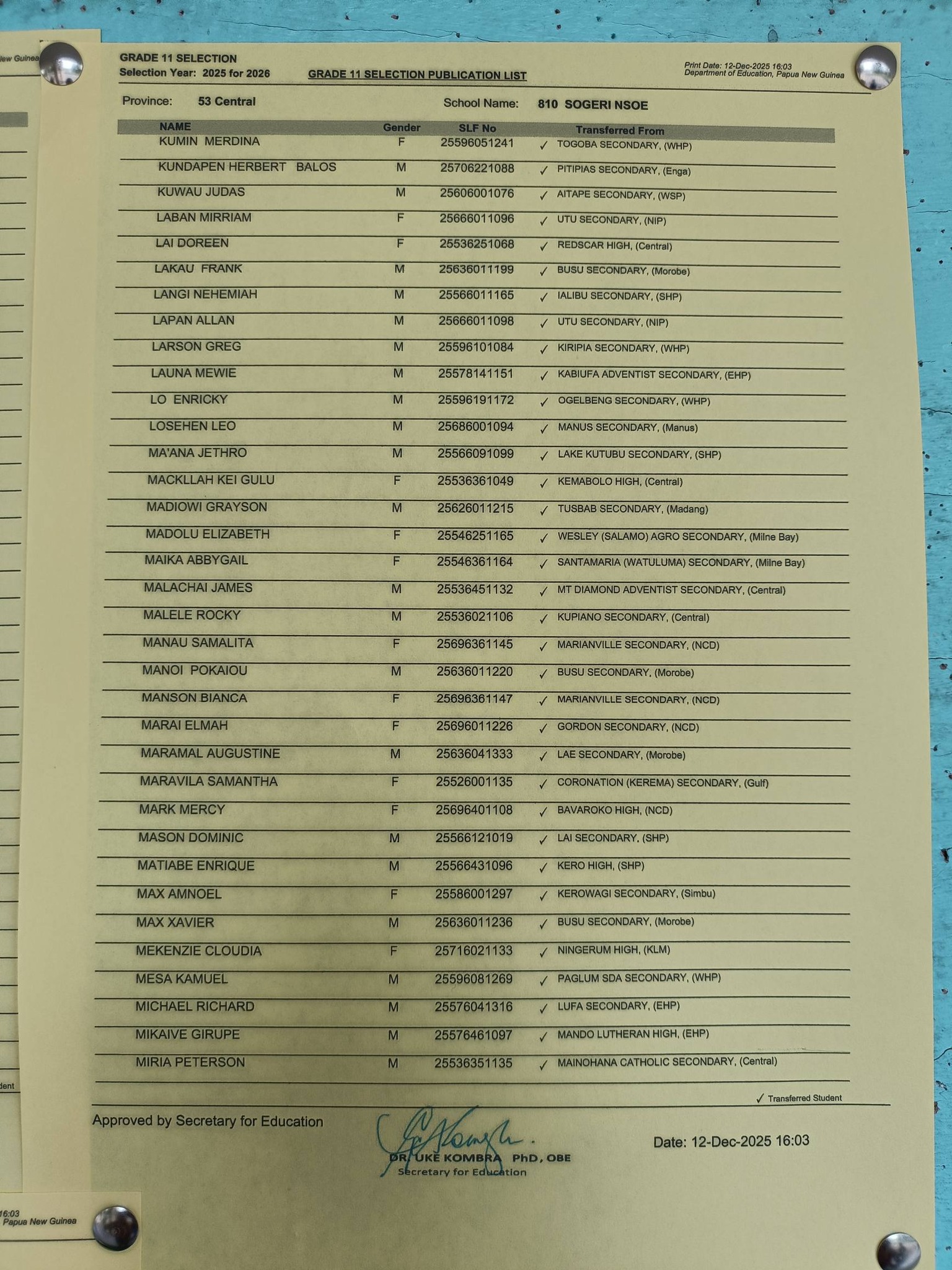 Grade 11 Selection List For 2026 PNG (Links-OUT) National High School ...