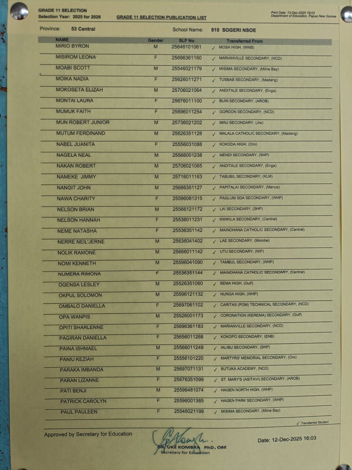 Grade 11 Selection List For 2026 PNG (Links-OUT) National High School ...