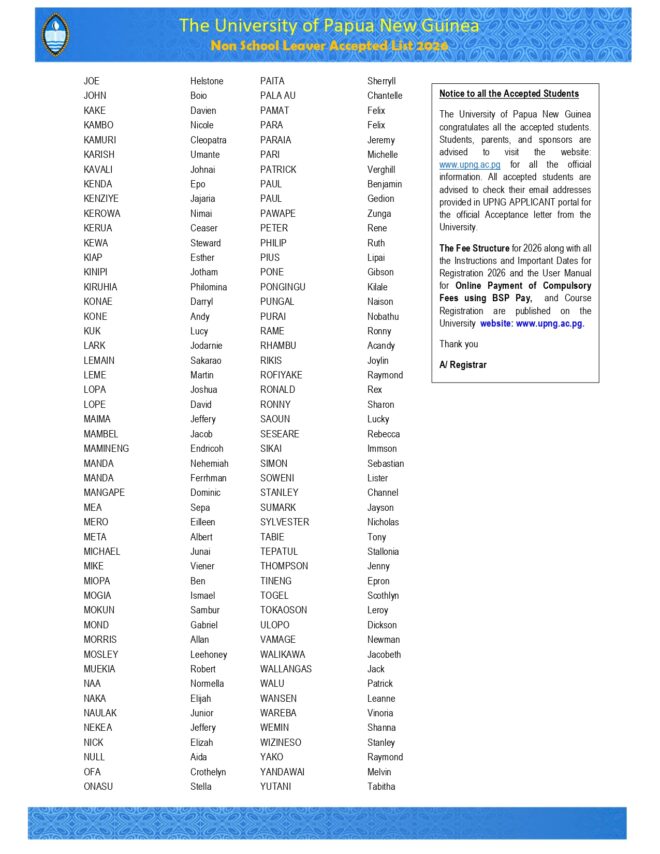 Link-UPNG Continuing List 2026 University of Papua New Guinea 2026 ...