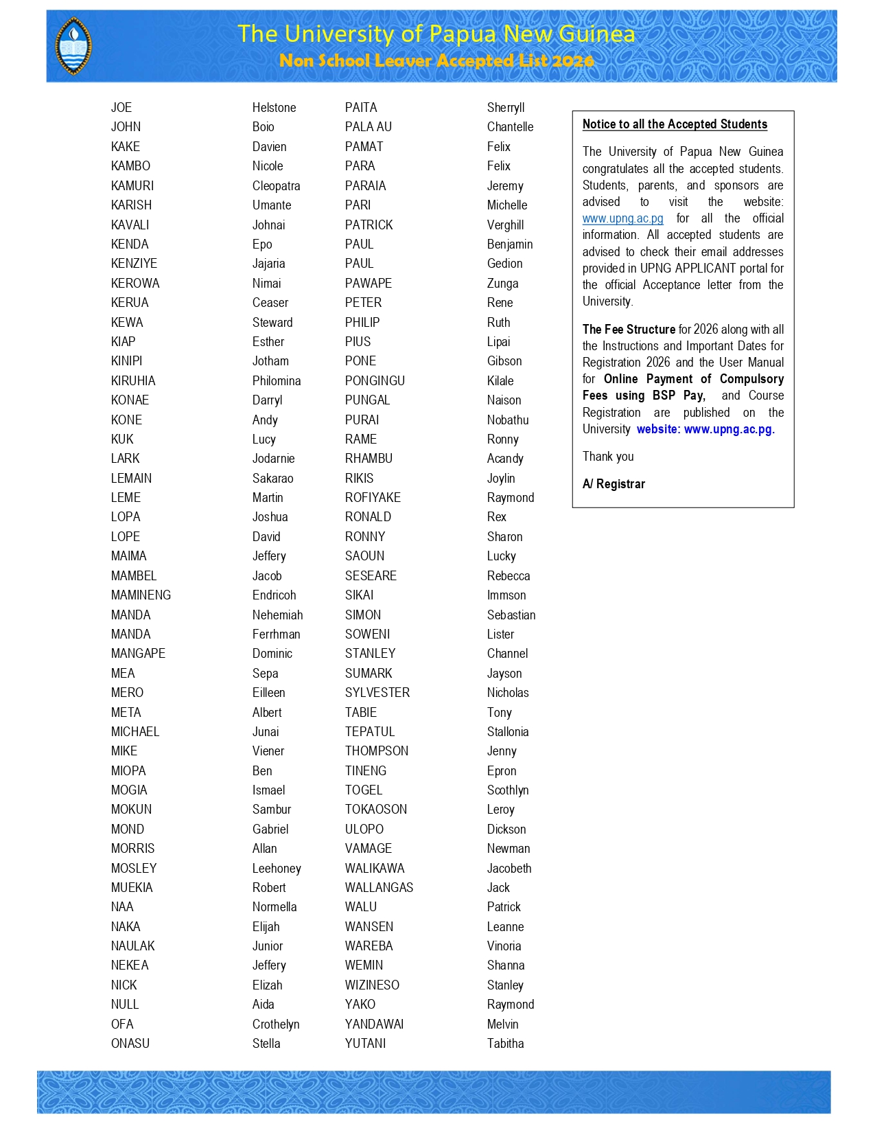 Link-UPNG Continuing List 2026 University of Papua New Guinea 2026 ...