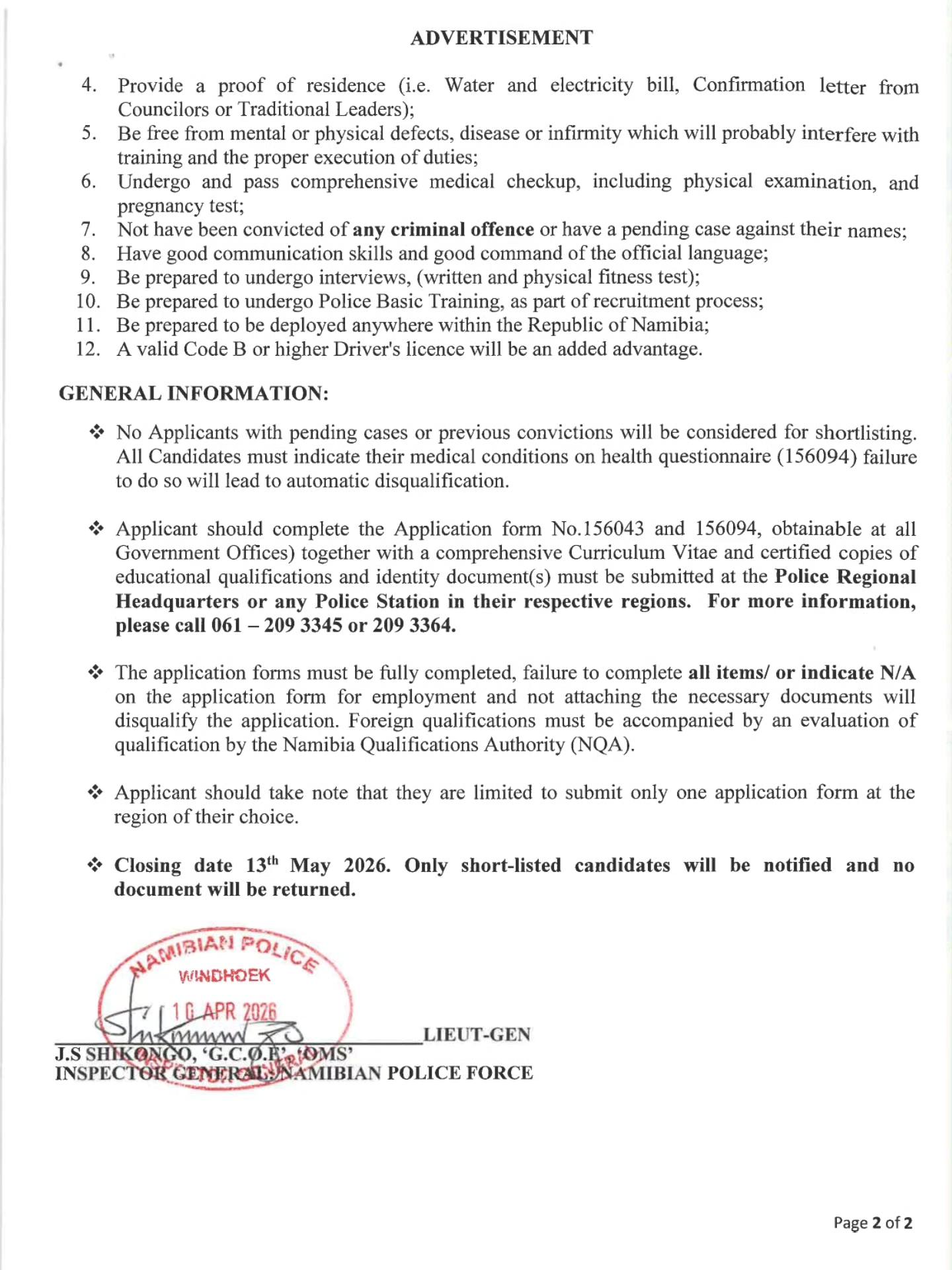 NAMPOL Recruitment Shortlisted Candidates 2026 For Cadet Constable ...